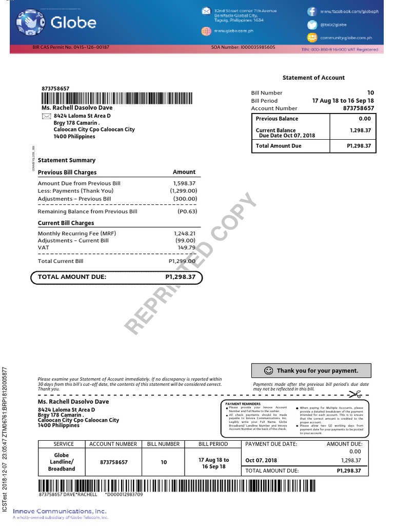 Reprinted Copy: Statement of Account 10 17 Aug 18 To 16 Sep 18 ...
