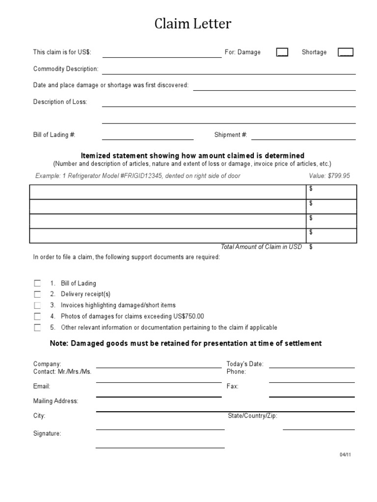 Claim Letter: Itemized Statement Showing How Amount Claimed Is ...