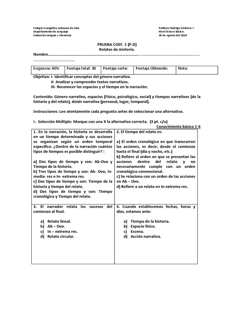 Prueba 8 Básico Relato de Misterio | PDF | Narrativa