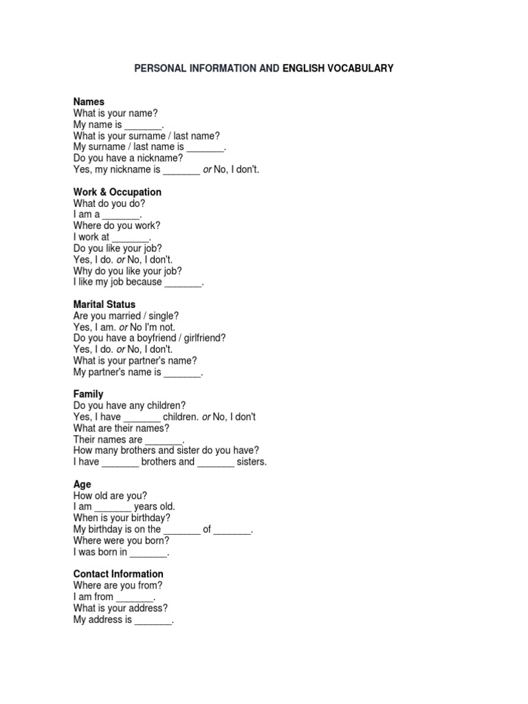 English Vocabulary: Personal Information and | PDF | Semiotics ...