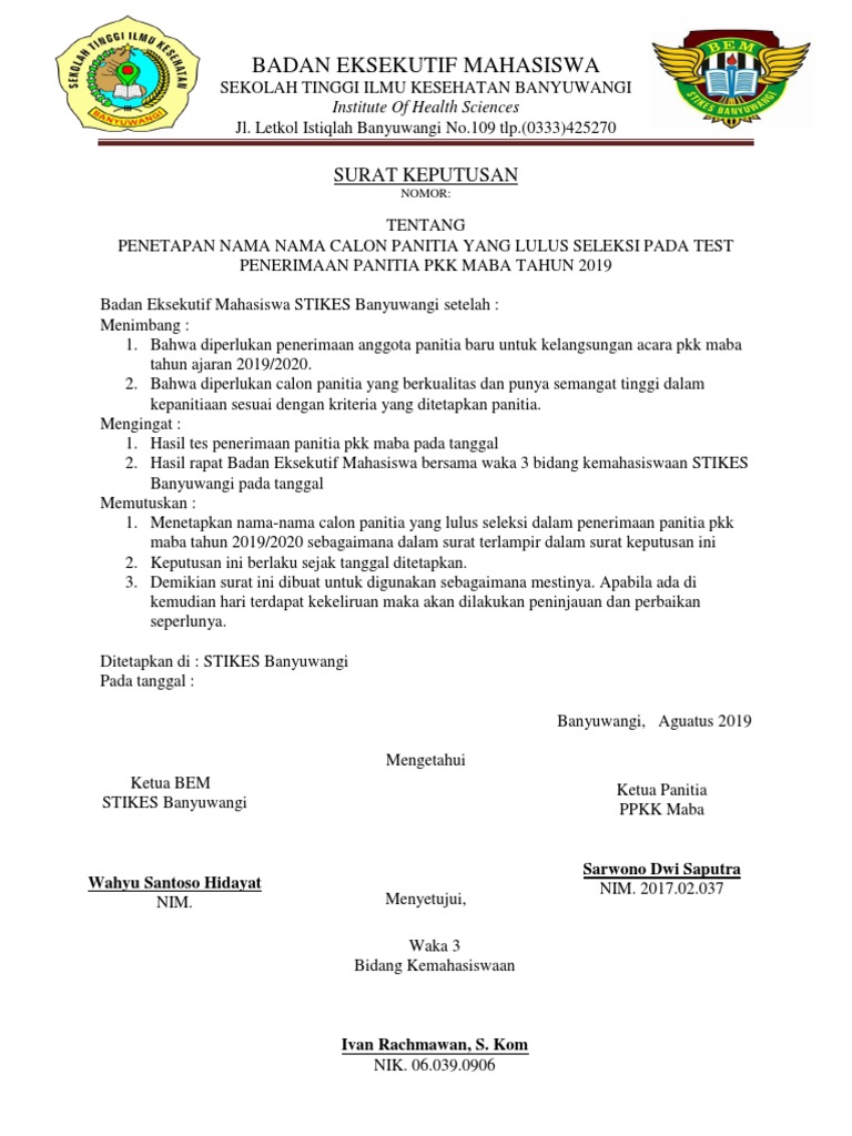 Surat Keputusan Panitia PKK | PDF