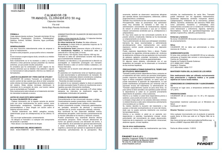Prospecto Calmador CB Tramadol 50 mg | PDF | Dolor | Analgésico