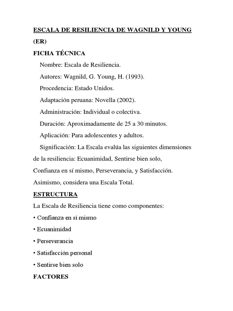 Escala de Resiliencia de Wagnild y Young Cuestionario | PDF | Resiliencia psicológica | Sicología
