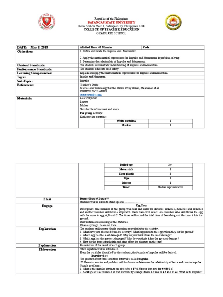 Impulse and Momentum Lesson Plan | PDF | Force | Mass