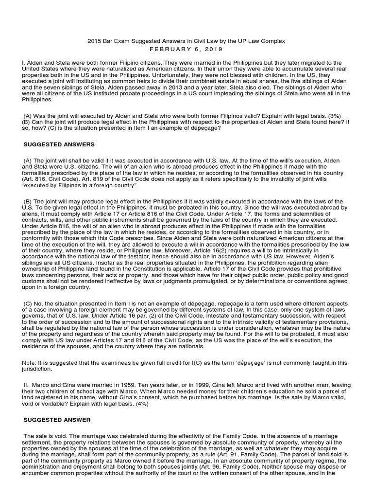 2015 Bar Exam Suggested Answers in Civil Law by The UP Law Complex ...