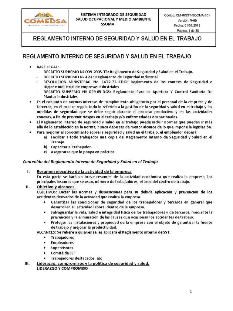 Reglamento Interno de Seguridad y Salud en El Trabajo - COMEDSA | PDF | Seguridad y salud ...