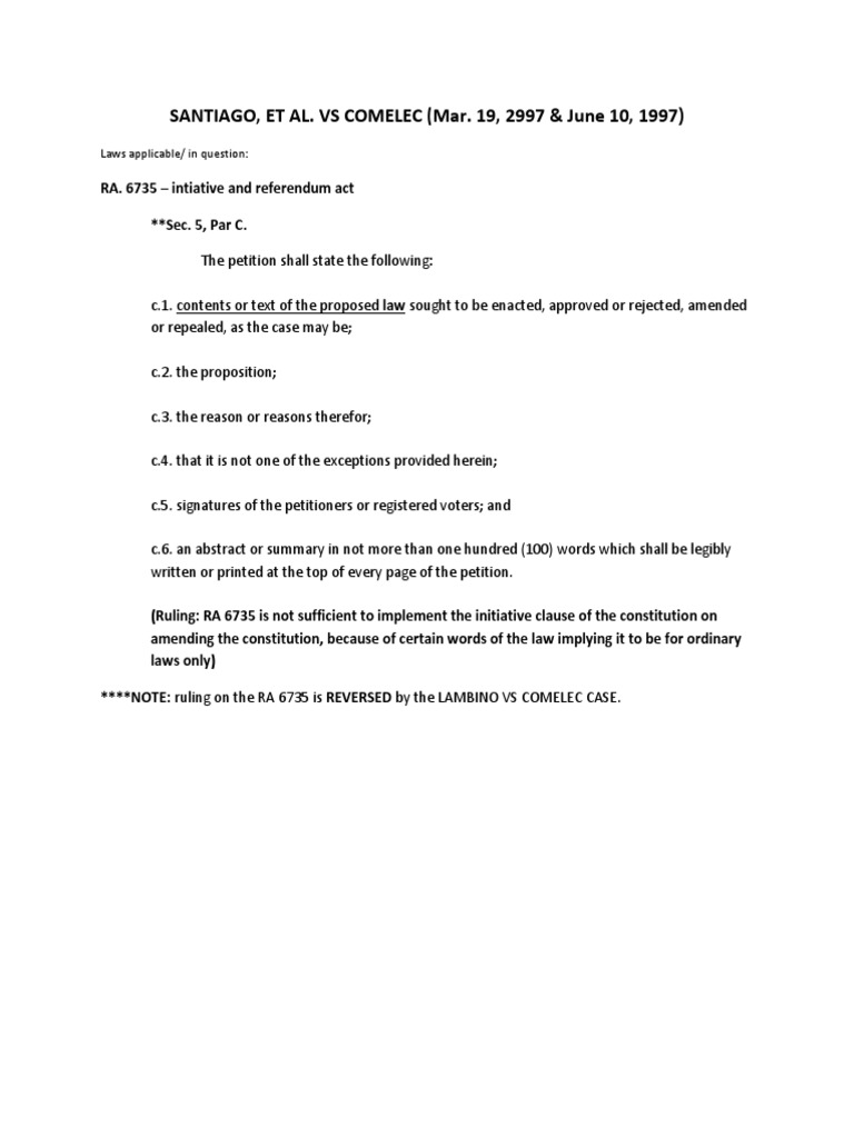 SANTIAGO, ET AL. VS COMELEC (Mar. 19, 2997 & June 10, 1997) : Laws ...