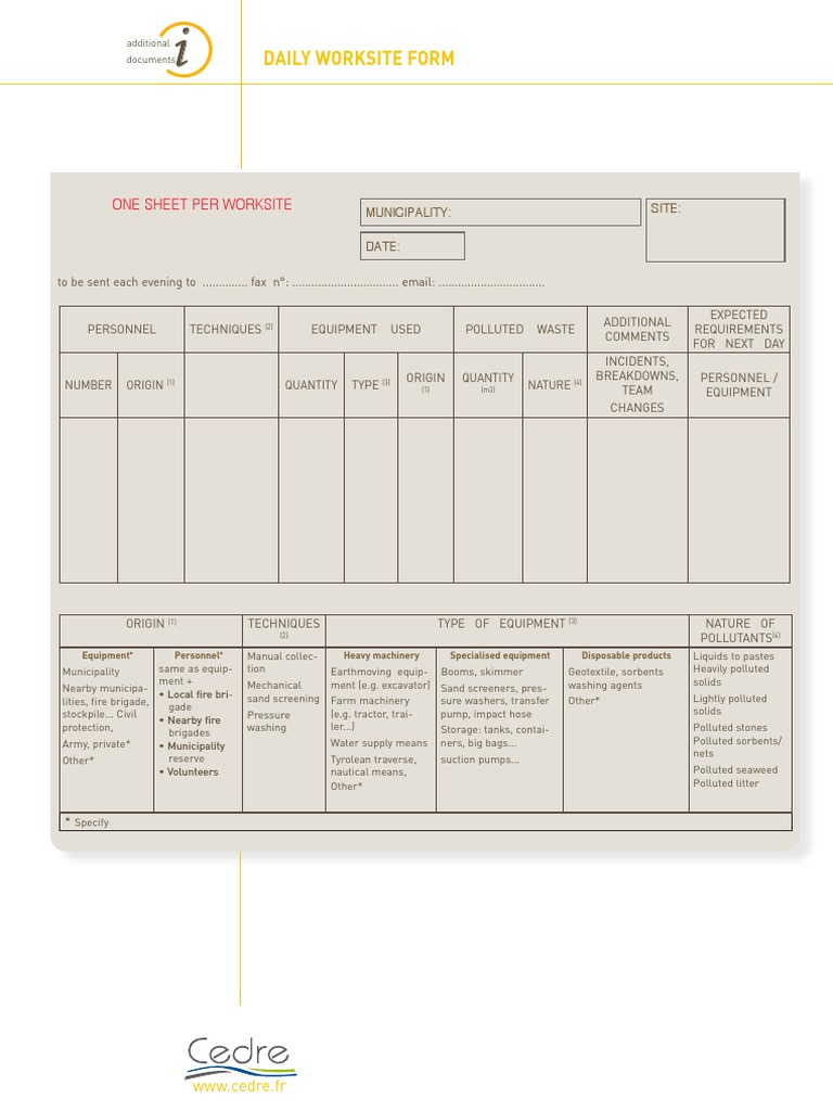 Fiche Daily Worksite Form | PDF | Pump | Nature