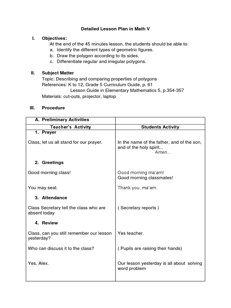 Detailed Lesson Plan in Math V | PDF | Polygon | Shape