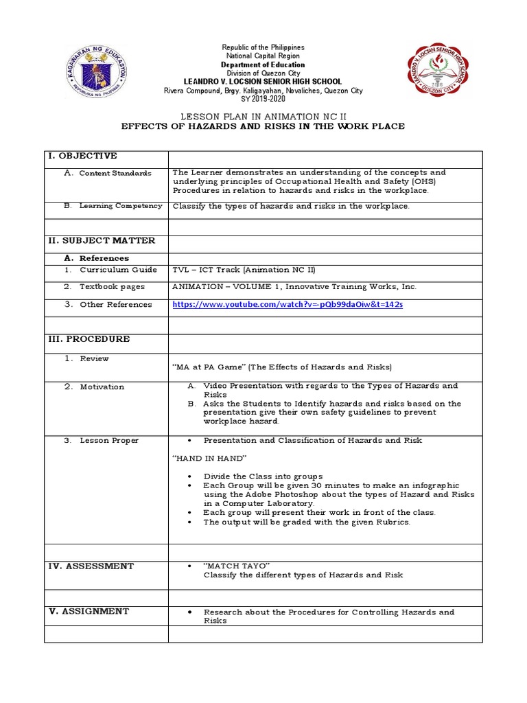 Lesson Plan Effects of Hazards and Risks in The Work Place | PDF | Risk ...