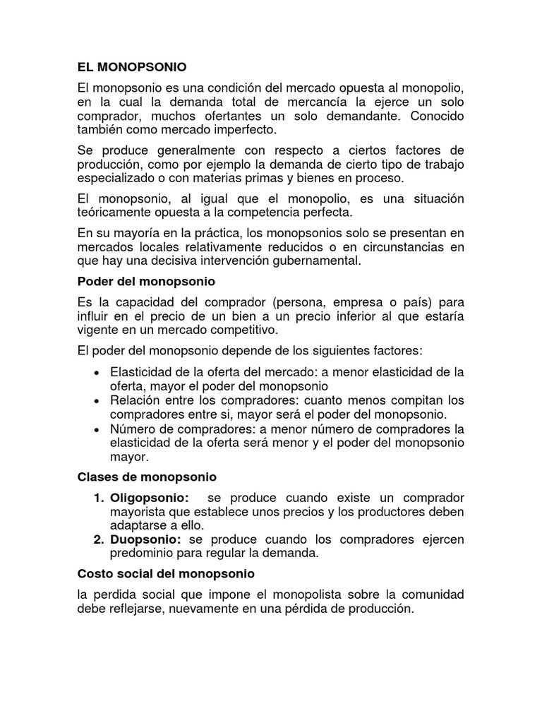 Monopsonio: Poder y Efectos en el Mercado | PDF | Monopolio | Mercado ...