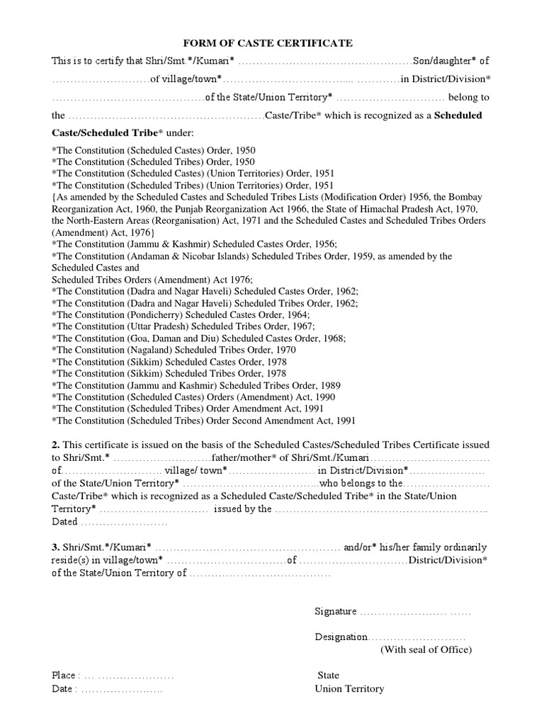 Form of Caste Certificate | PDF | Government Of India | Politics Of India
