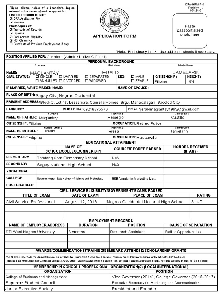 DFA Job Application Form | PDF | Employment | Academic Degree