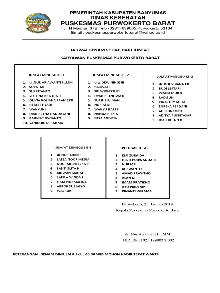 Jadwal Senam Puskesmas Purwokerto Barat | PDF