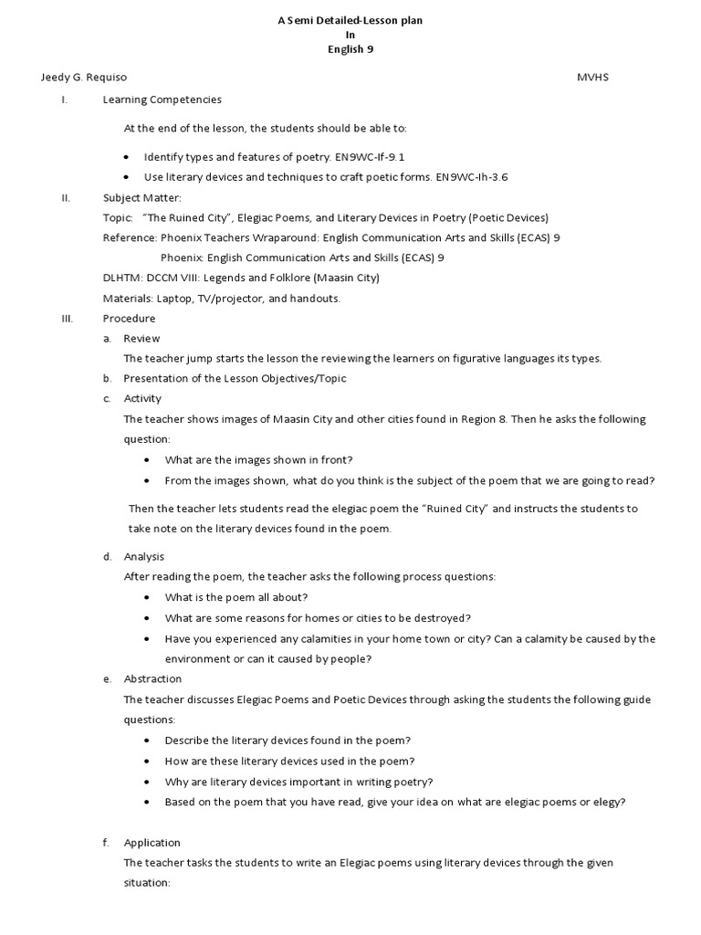 English 9 Lesson Plan on Elegiac Poetry | PDF | Poetry | Lesson Plan