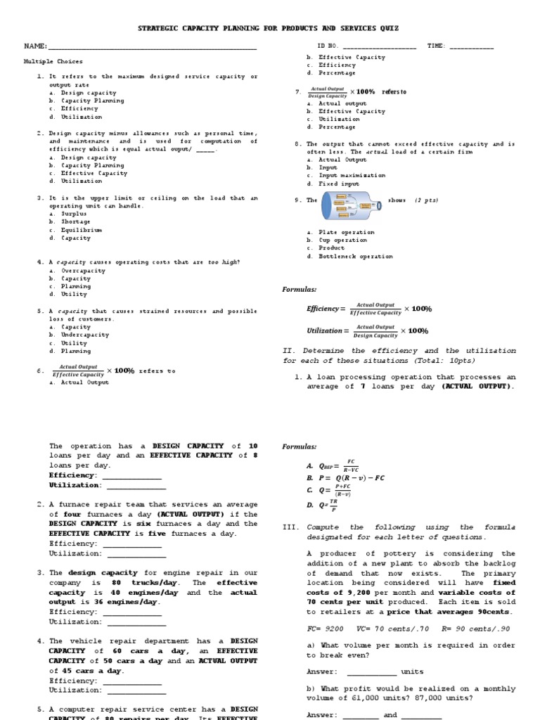 Capacity Planning Quiz | PDF | Capacity Utilization | Business Economics