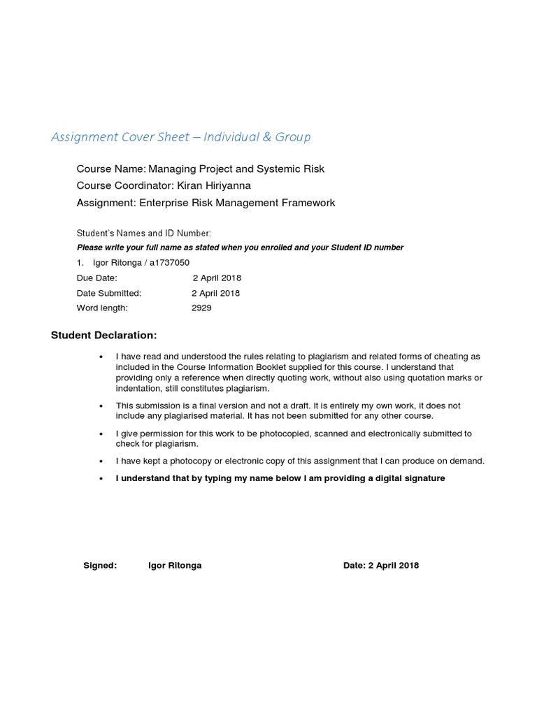 Assignment Cover Sheet - Individual & Group | PDF | Risk Management ...