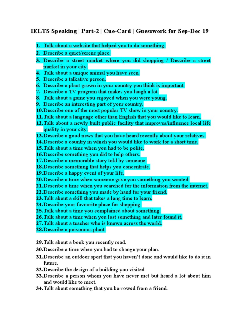 IELTS Speaking - Part-2 - Cue-Card - Guesswork For Sep-Dec 19 | PDF