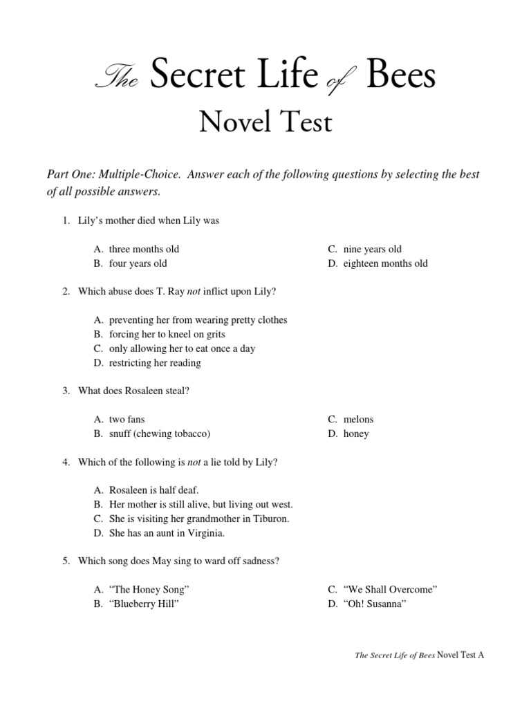 Secret Life of Bees Novel Tests | PDF