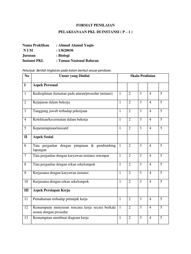 Contoh Penilaian PKL | PDF