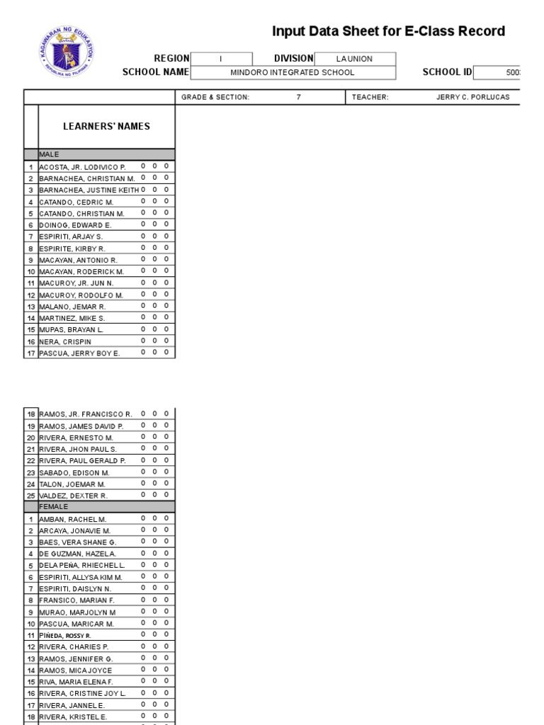 Input Data Sheet For E-Class Record: Region Division School Name School ...