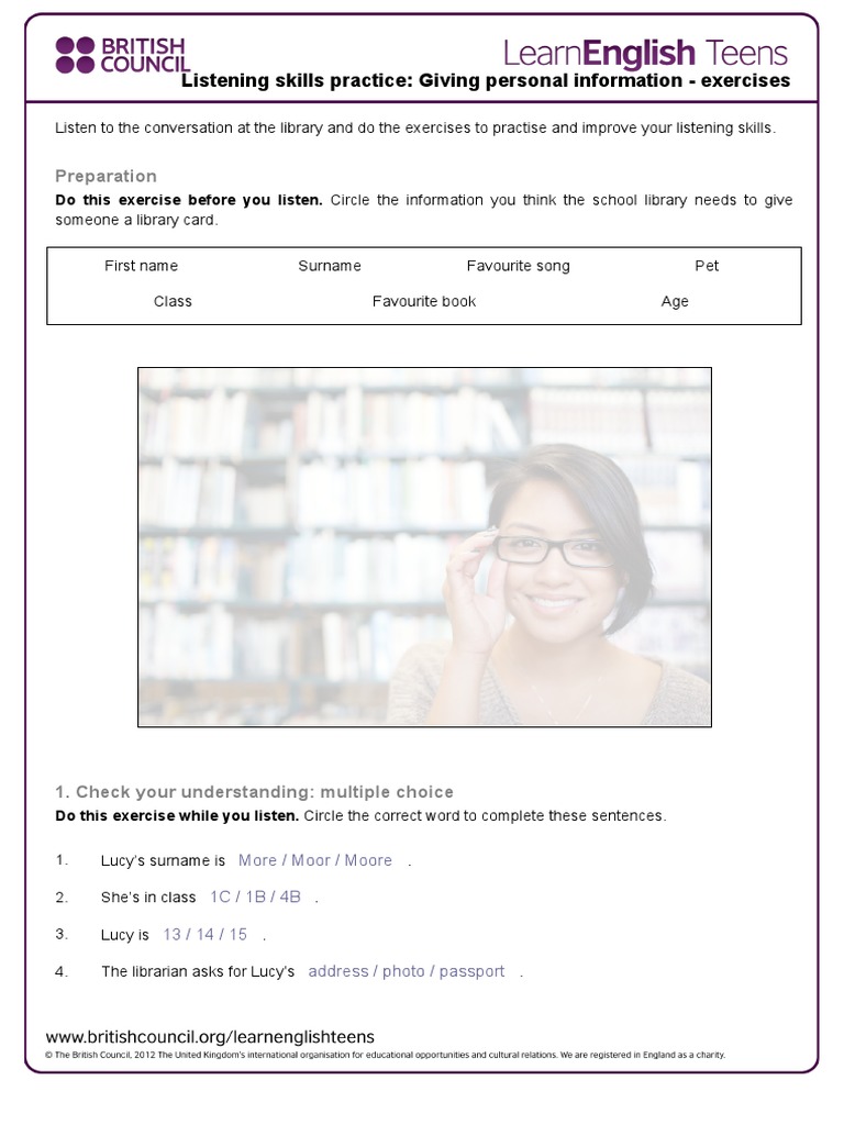 At The Library - Giving Personal Information - Exercises 1 | PDF