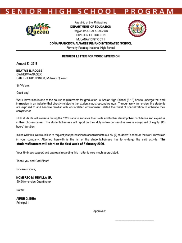 Request for Student Work Immersion | PDF | Students | Secondary Education