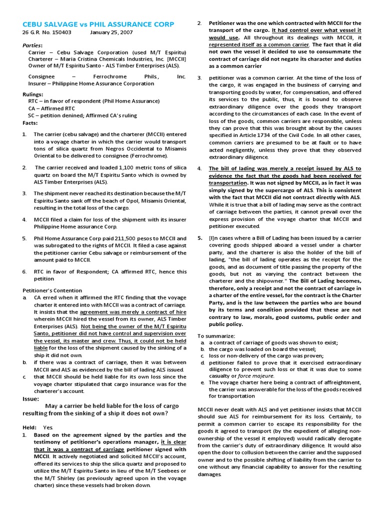 Cebu Salvage Vs Phil Assurance Corp | PDF | Bill Of Lading | Common Law