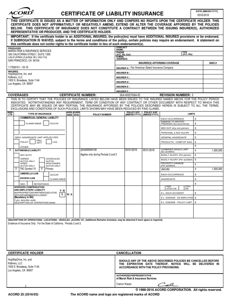 2018 HopSkipDrive TNC Auto COI | PDF | Liability Insurance | Insurance