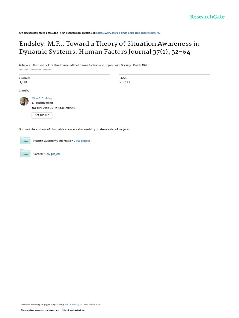 Endsley MR Toward A Theory of Situation Awareness PDF | PDF | Human ...