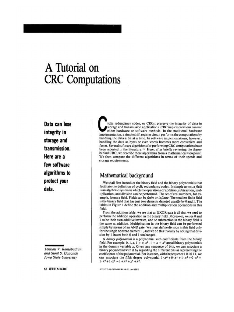 A Tutorial On CRC Computations by IEEEE PDF | PDF