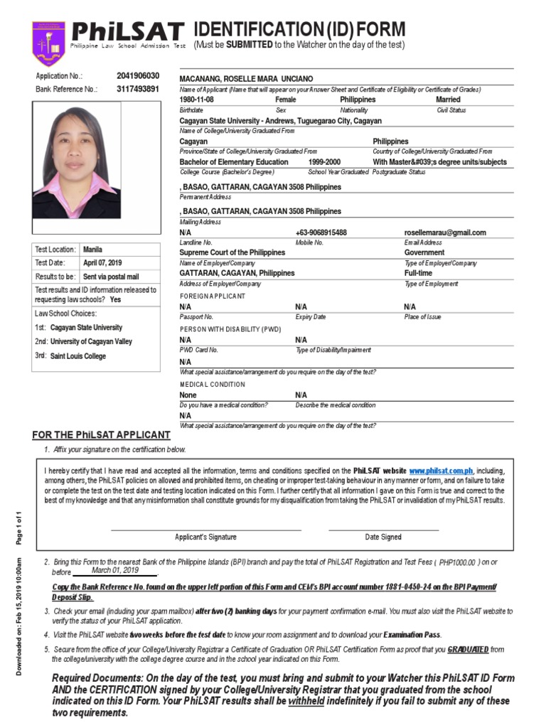 Identification (Id) Form: (Must Be SUBMITTED To The Watcher On The Day ...