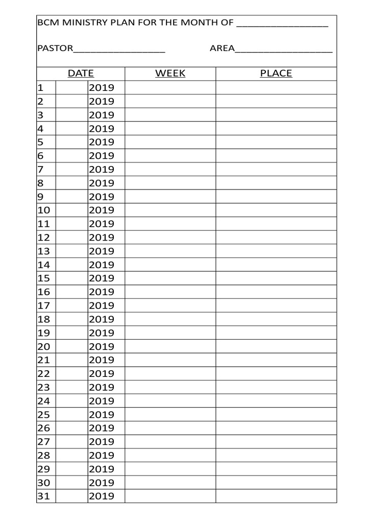 BCM Ministry Plan For The Month of - PASTOR - AREA | PDF | Finance ...