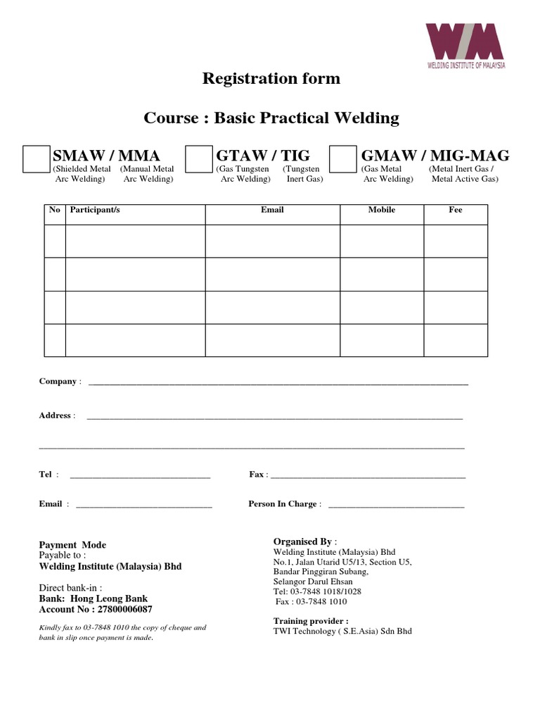 Registration Form Basic Practical Welding - Website | PDF