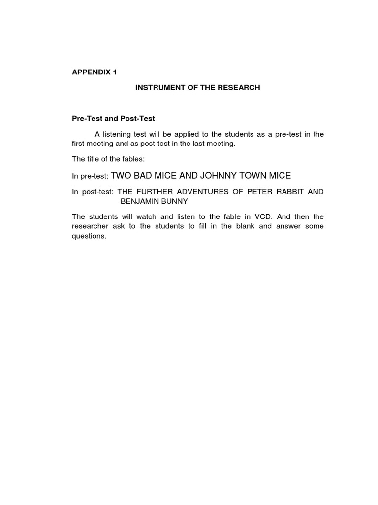 Two Bad Mice and Johnny Town Mice: Appendix 1 Instrument of The ...