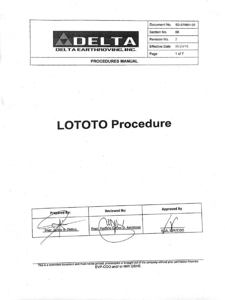 Lototo Lockout Procedure Manual | PDF