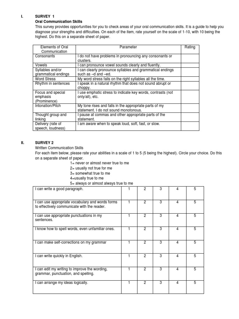 I. Survey 1 Oral Communication Skills | PDF | Stress (Linguistics ...