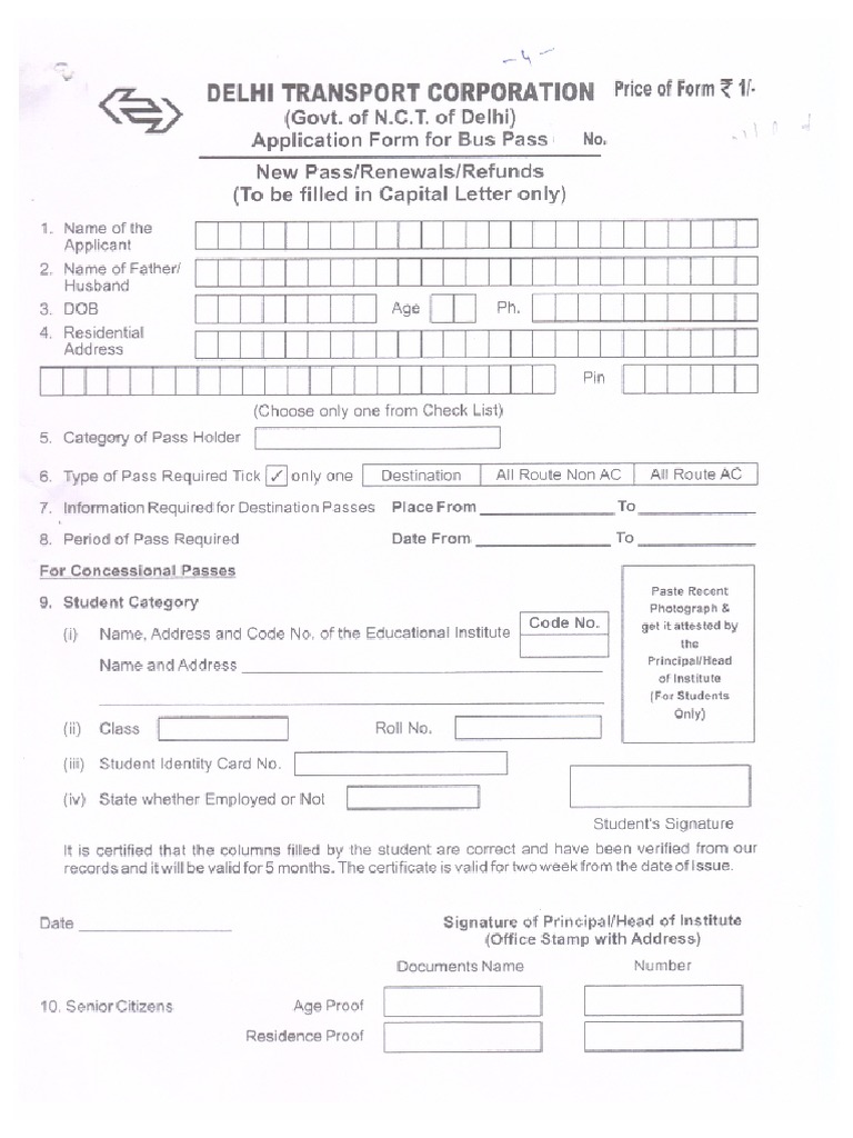 DTC Bus Pass Form PDF | PDF