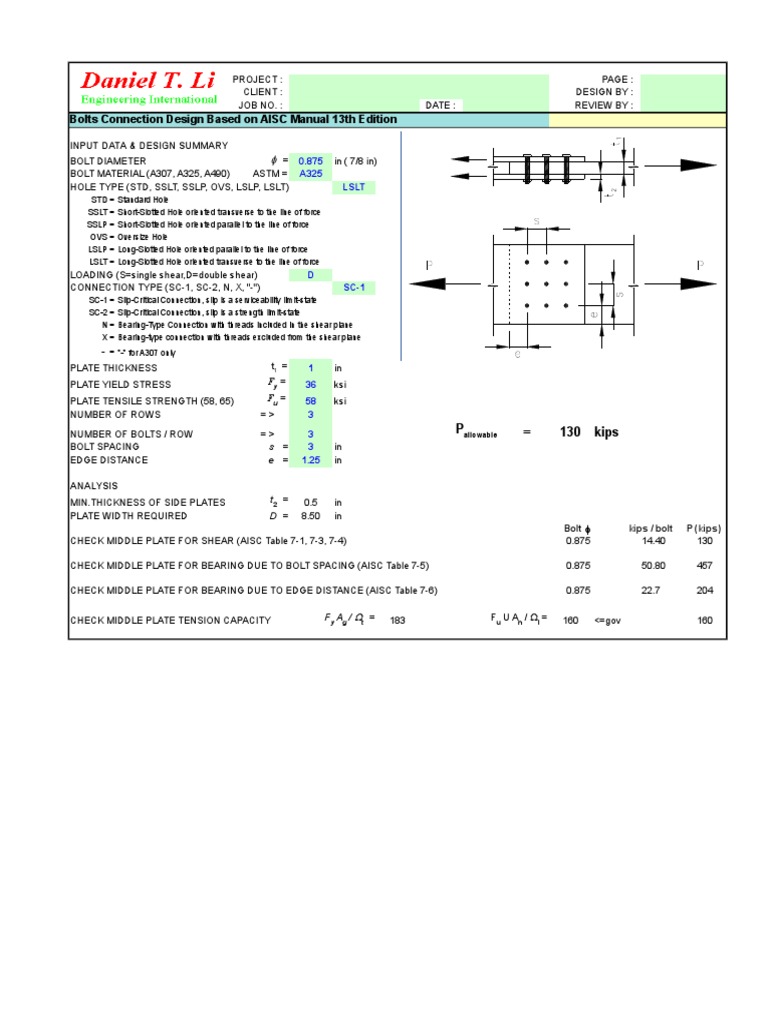Bolts Connection Design Based On AISC Manual 13th Edition: Input Data & Design Summary | PDF ...