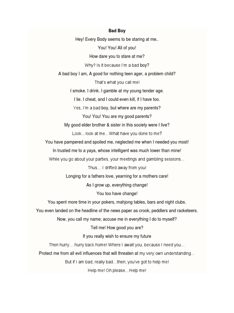 Bad Boy Declamation Monologue | PDF | Wellness