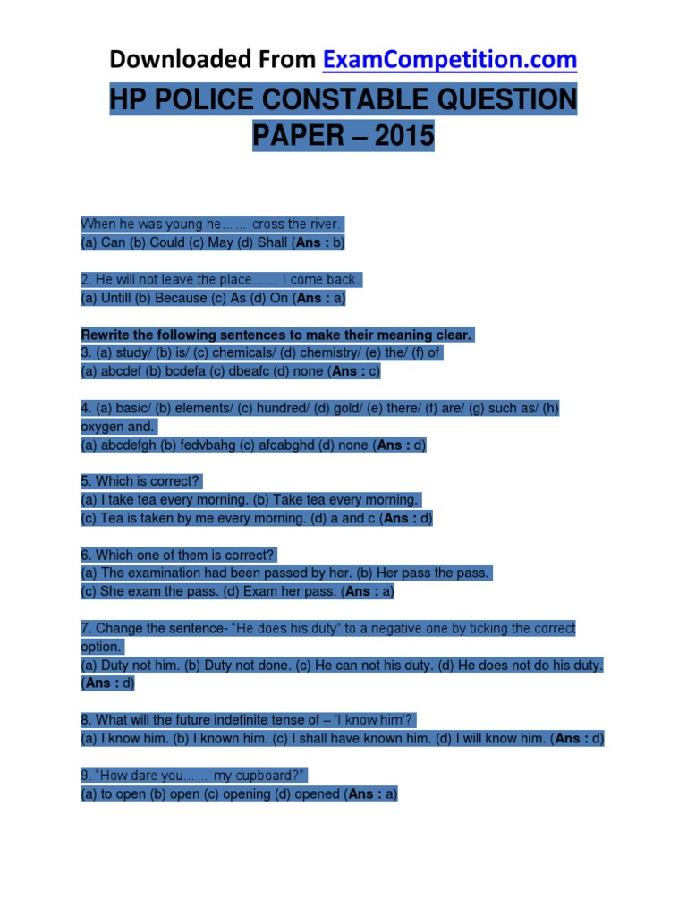 HP Police Constable 2015 Question Paper | PDF | Onomastics | Language ...