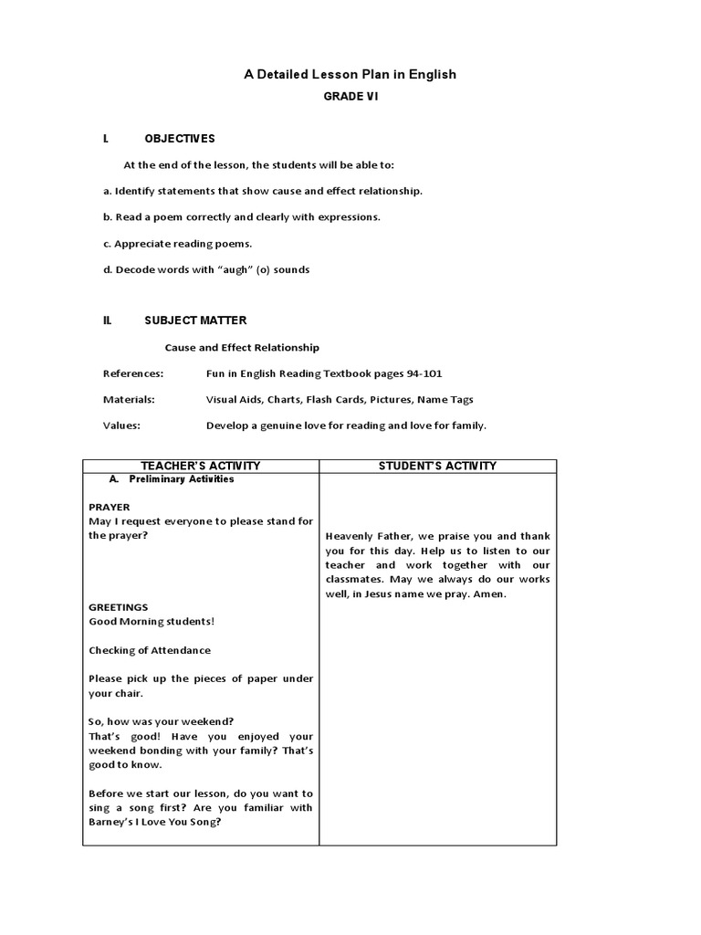 A Detailed Lesson Plan in English ELEM | PDF | Causality | Love