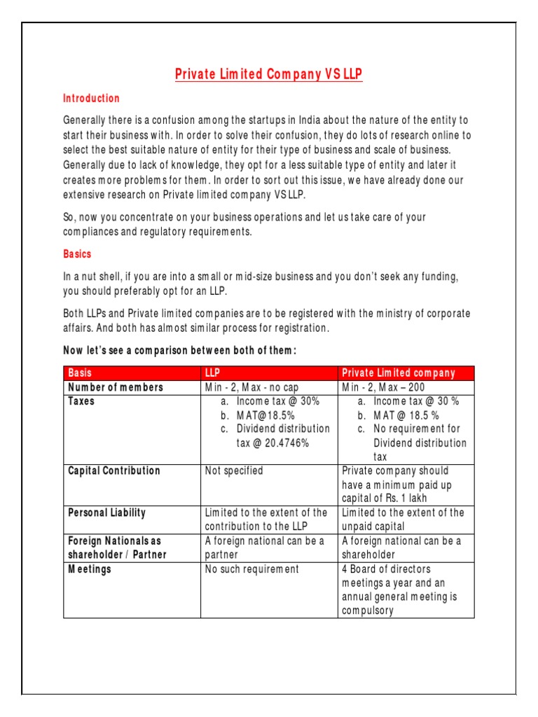 LLP Vs Private Limited Company | PDF | Limited Liability Partnership | Law