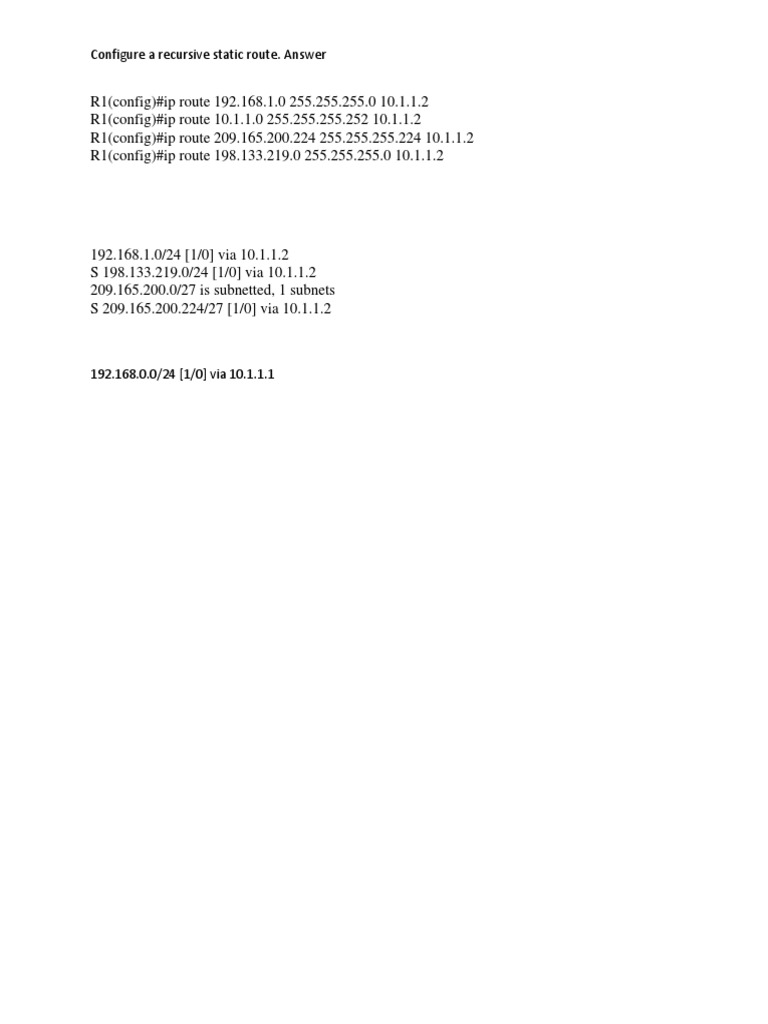 Configure A Recursive Static Route. Answer | PDF