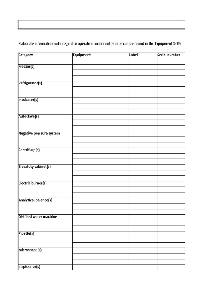 Laboratory Equipment Register Template | PDF | Equipment | Manufactured ...