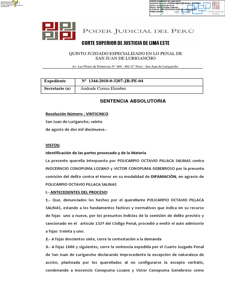 Sentencia Absolutoria | PDF | Derecho penal | Queja