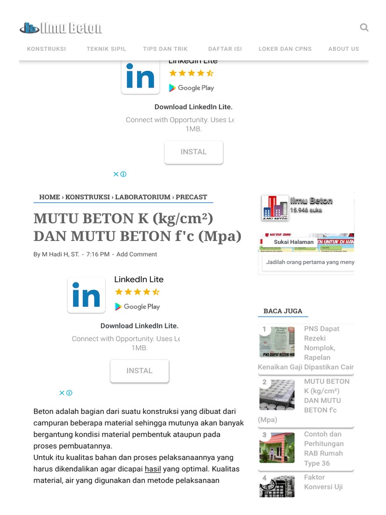 MUTU BETON K (KG - CM ) DAN MUTU BETON F'C (Mpa) - Ilmu Beton | PDF