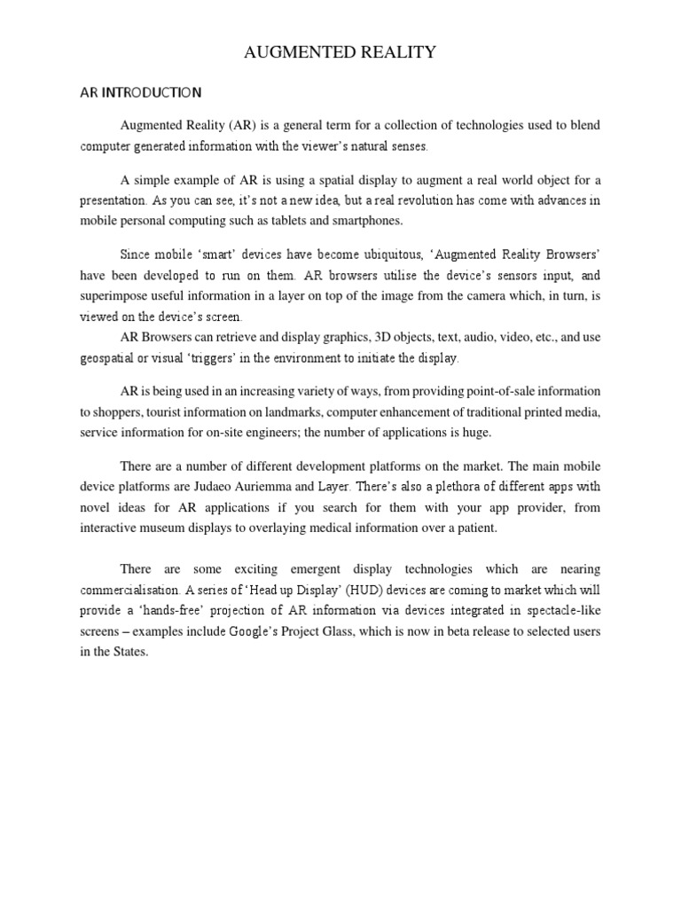 Augmented Reality: Ar Introduction | PDF | Augmented Reality | Virtual ...