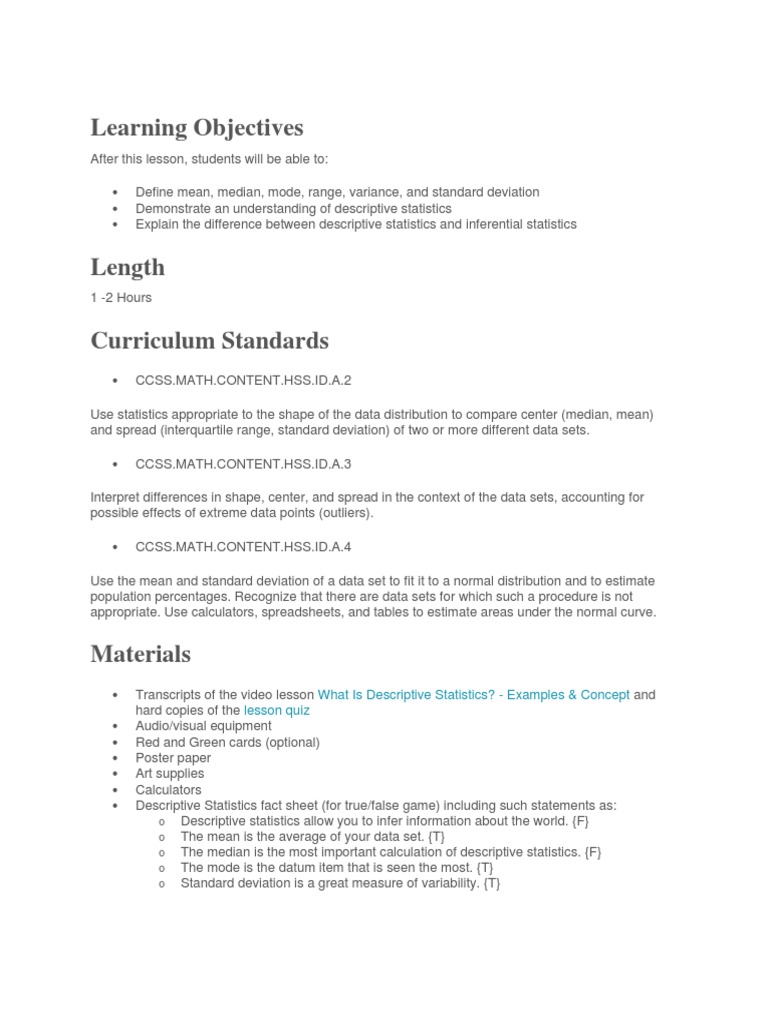 Learning Objectives: What Is Descriptive Statistics? - Examples ...