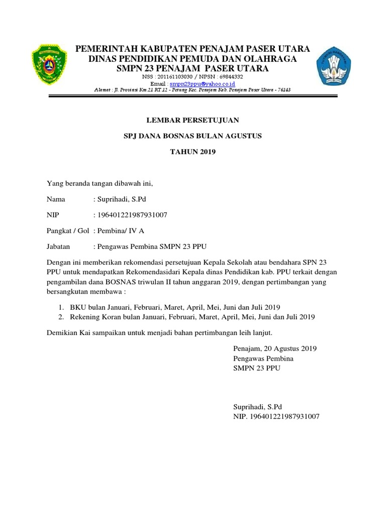 Persetujuan SPJ BOSNAS SMPN 23 PPU 2019 | PDF